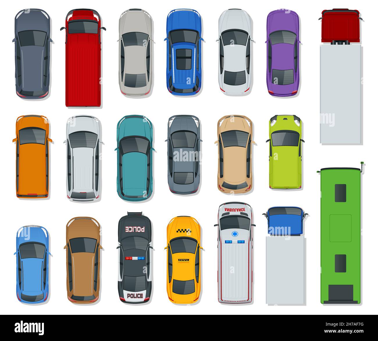 Cars view from above set. Vehicles driving in the city and service ...