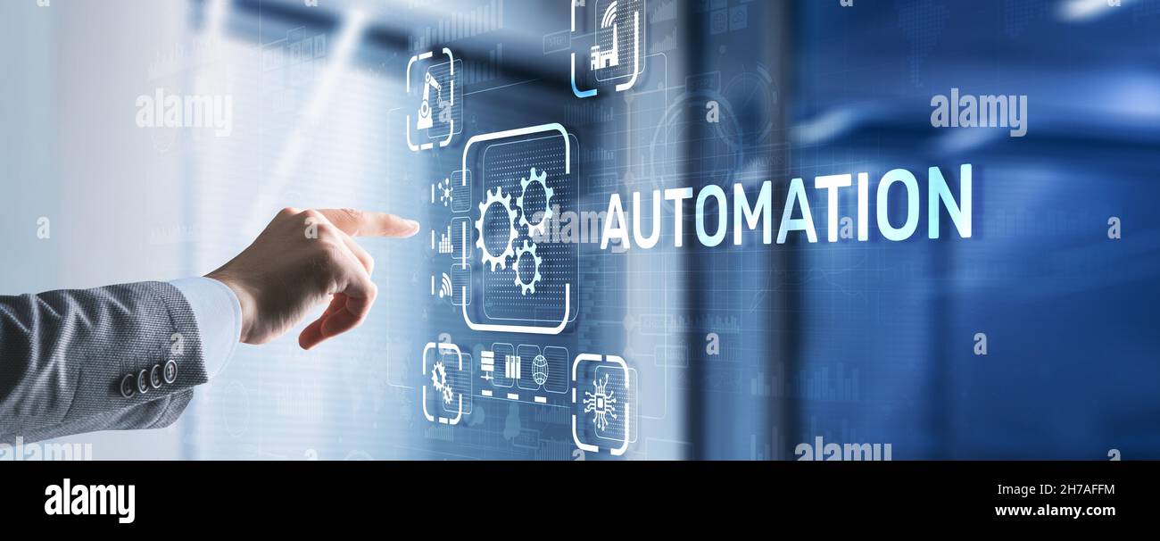 Man clicks on 3d virtual screen Automation. Optimization of business ...