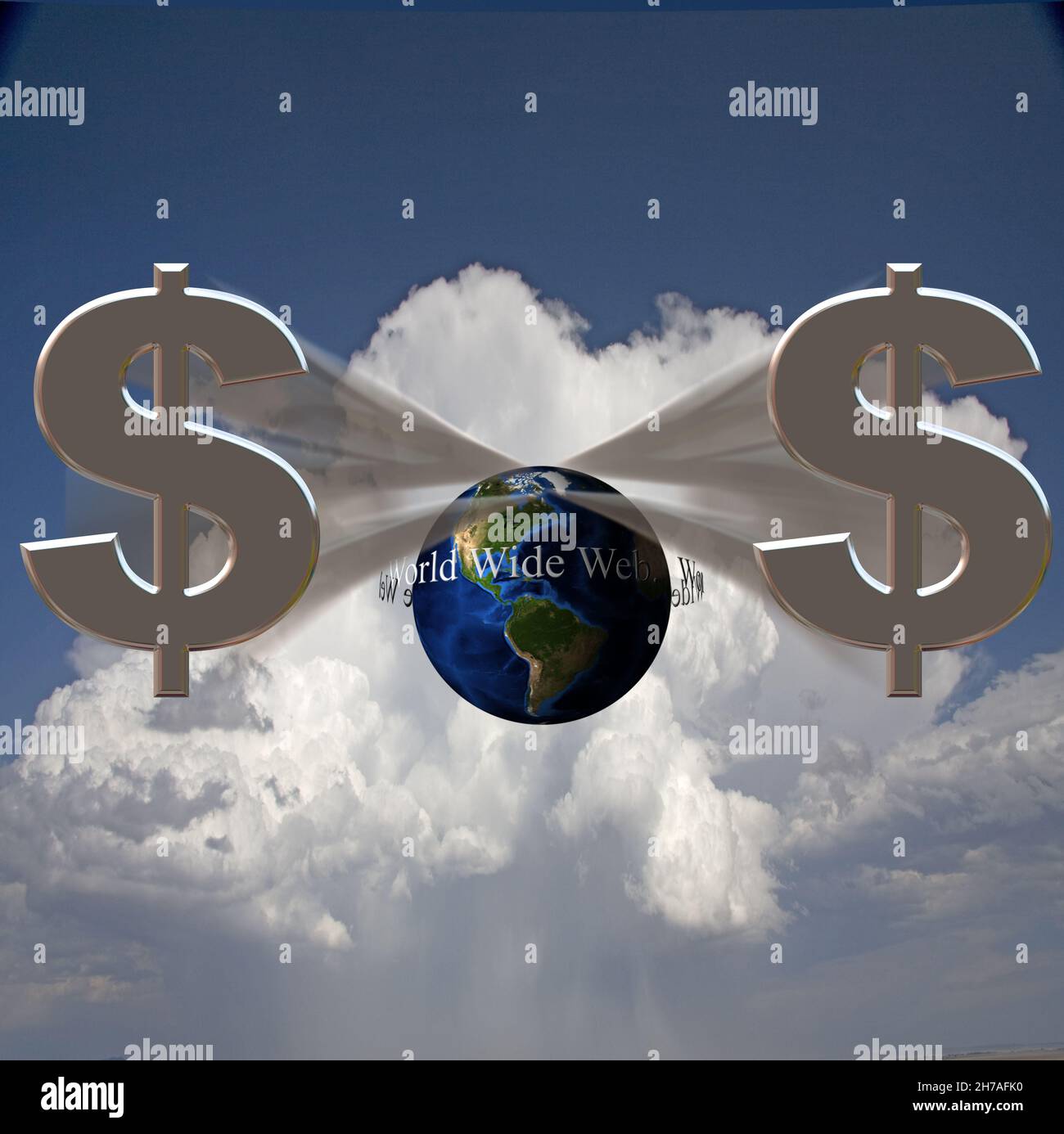 Dollar sign and Earth create SOS signal. World Wide Web. 3D rendering ...