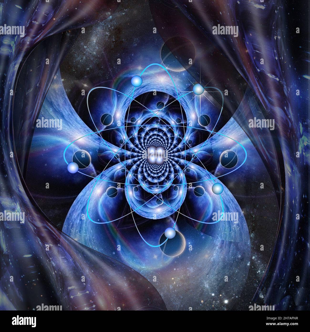 Space and atom. Mirrored round fractal. 3D rendering Stock Photo - Alamy