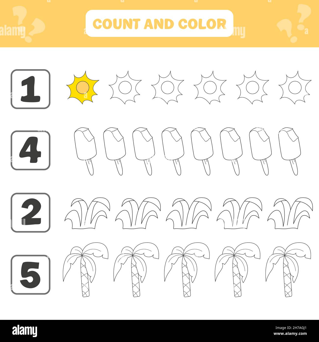 Count and color game for preschool children - summer items. Worksheet ...