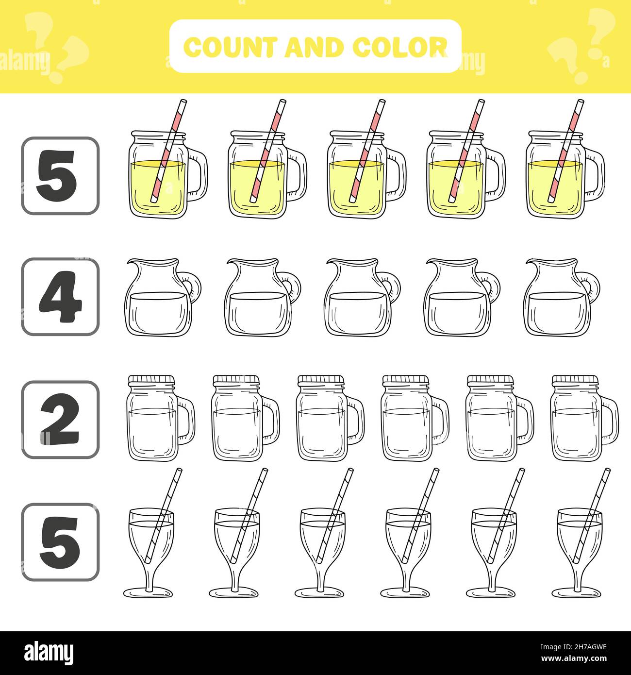 Count and color game for preschool children - lemonade jar. Worksheet ...