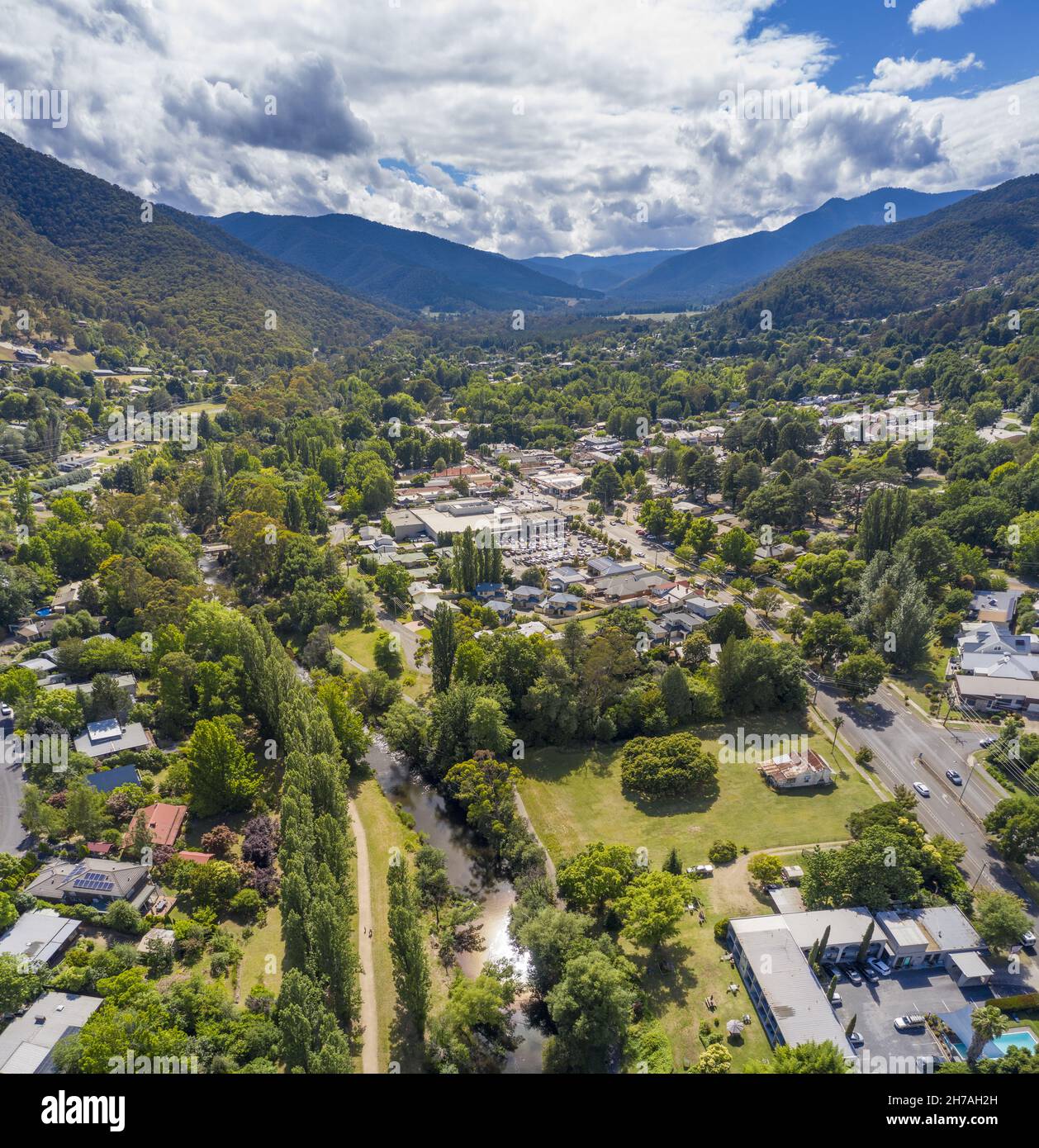 An aerial view of the beautiful town of Bright in the Victorian Alps ...