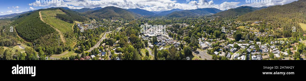 A panoramic aerial view of the beautiful town of Bright in the ...