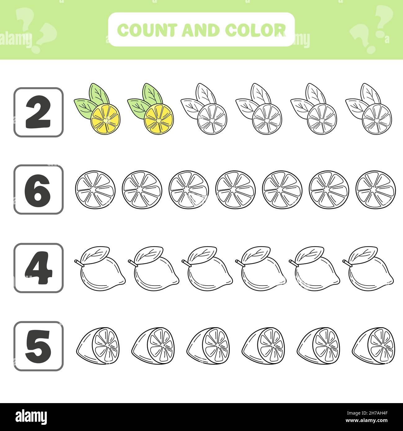 Count and color game for preschool children - Lemons. Worksheet for the ...