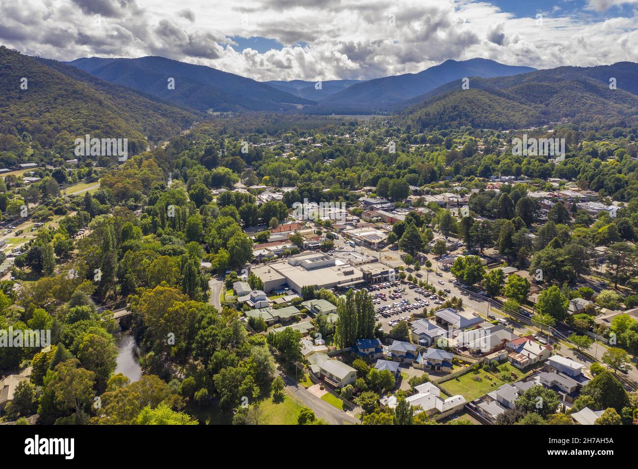 An aerial view of the beautiful town of Bright in the Victorian Alps ...