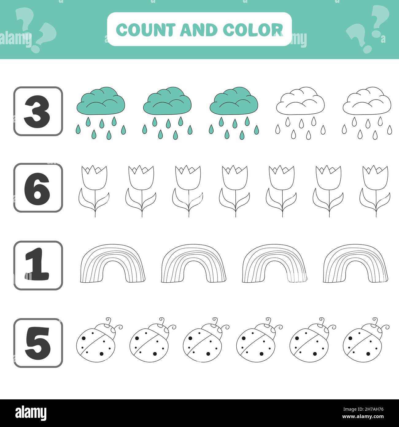 Count and color game for preschool children - spring items. Worksheet ...