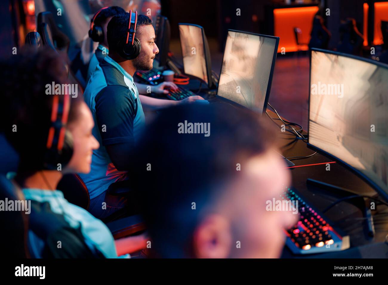 Cybersport team participating in online tournament in gaming club Stock ...
