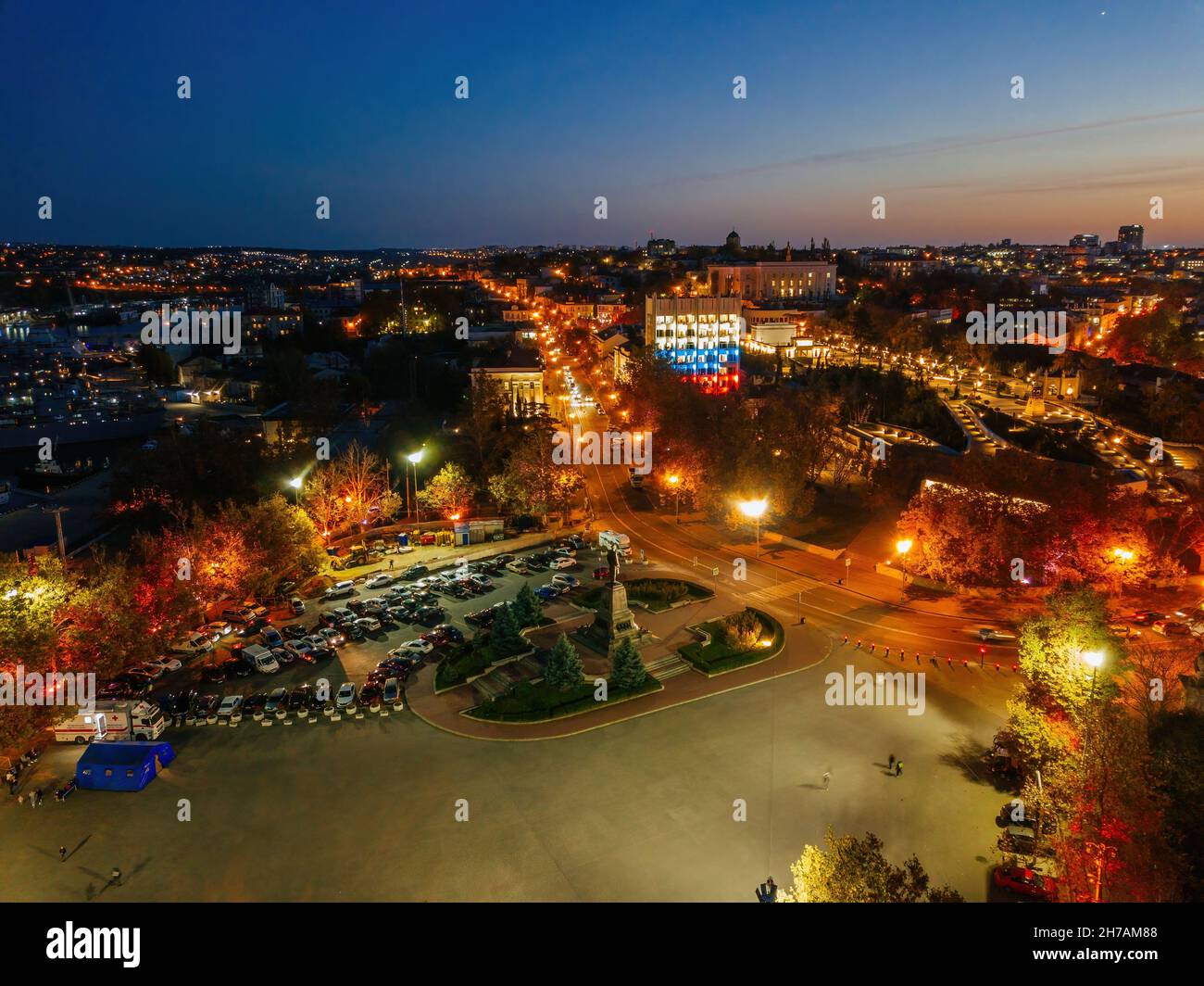Night Sevastopol skyline, aerial view of Nakhimov Square Stock Photo ...
