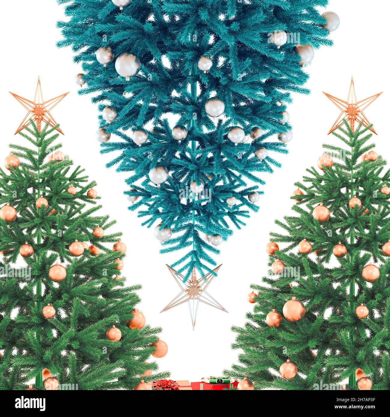 The concept of Christmas. Three Christmas trees with round toys and ...