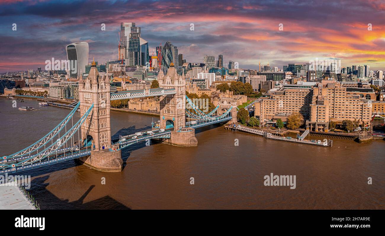 Aerial panoramic cityscape view of the London Tower Bridge Stock Photo ...