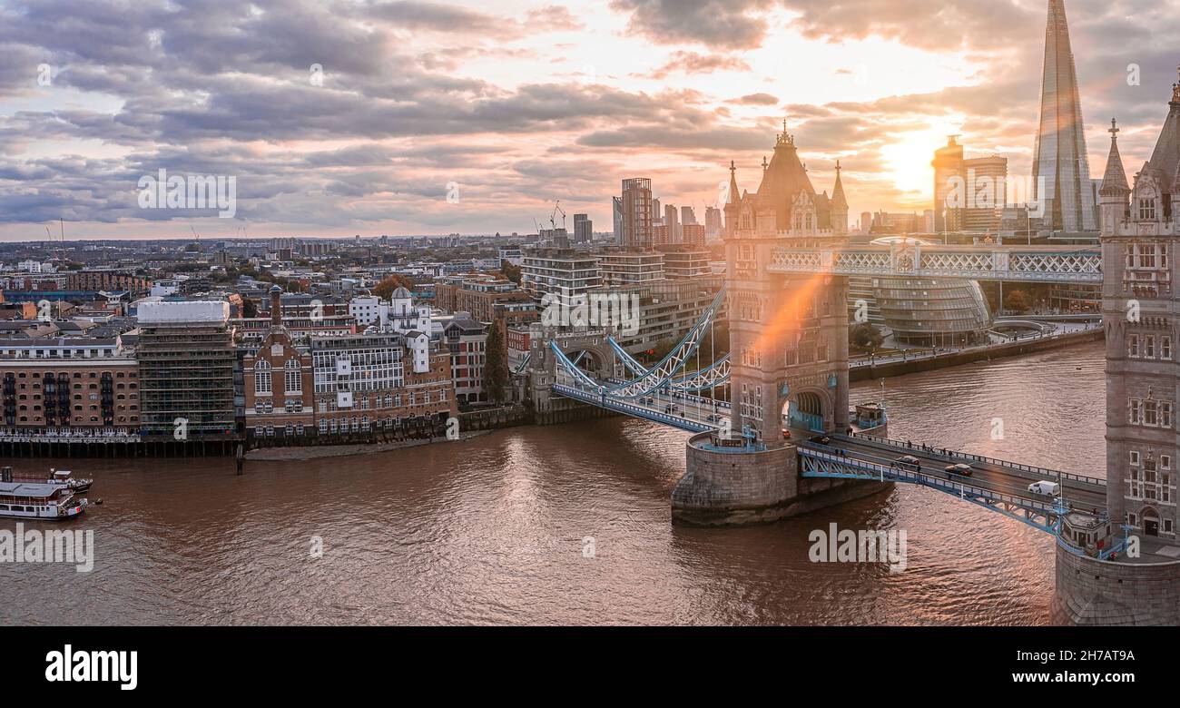 Aerial panoramic sunset view of London Tower Bridge and the River ...
