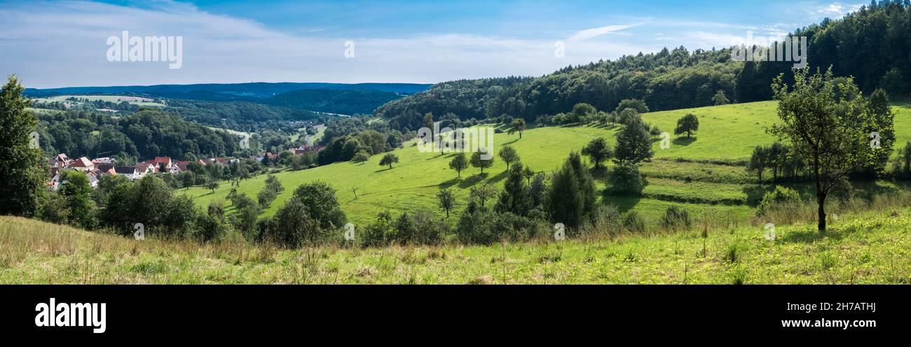 View over rural hills and green fields at the German countryside Stock ...