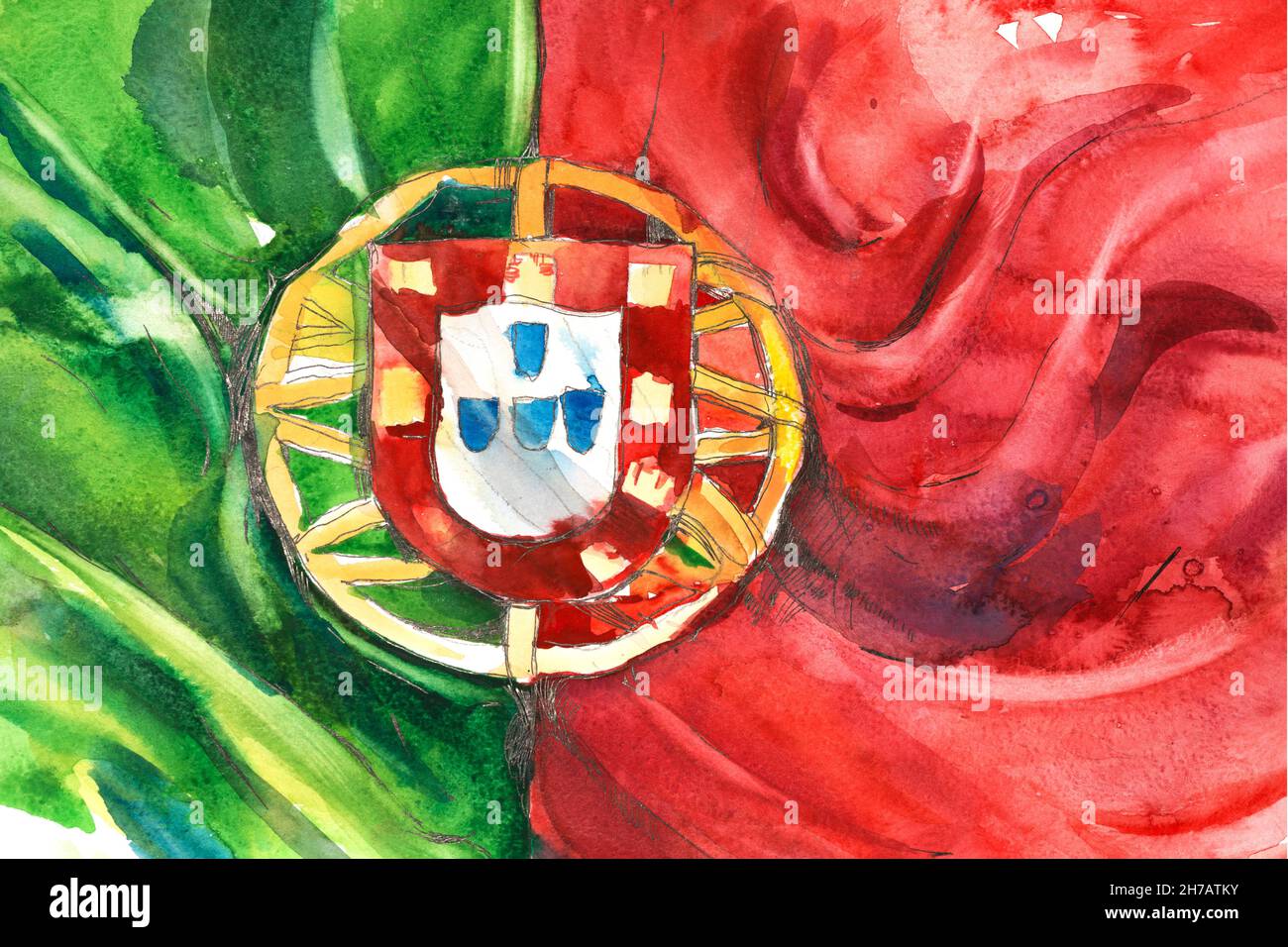 Portugal, Portuguese flag. Hand drawn watercolor illustration Stock ...