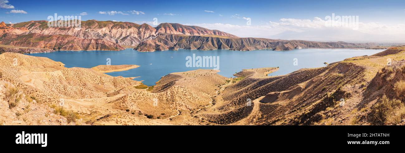 Wide panoramic view of a mountain valley with a Azat river reservoir ...