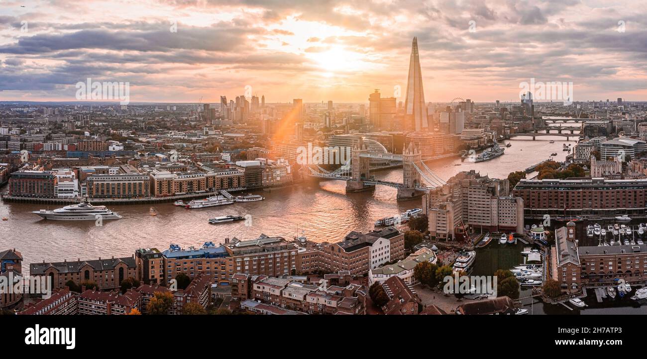 Aerial panoramic sunset view of London Tower Bridge and the River ...
