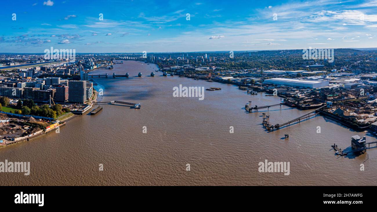 Aerial view of the London city dam or Thames Flood Barrier Stock Photo ...