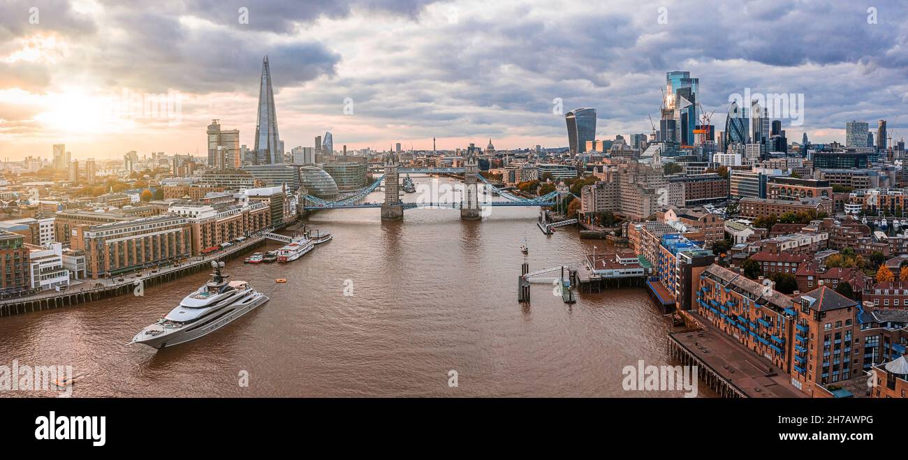 Aerial panoramic sunset view of London Tower Bridge and the River ...