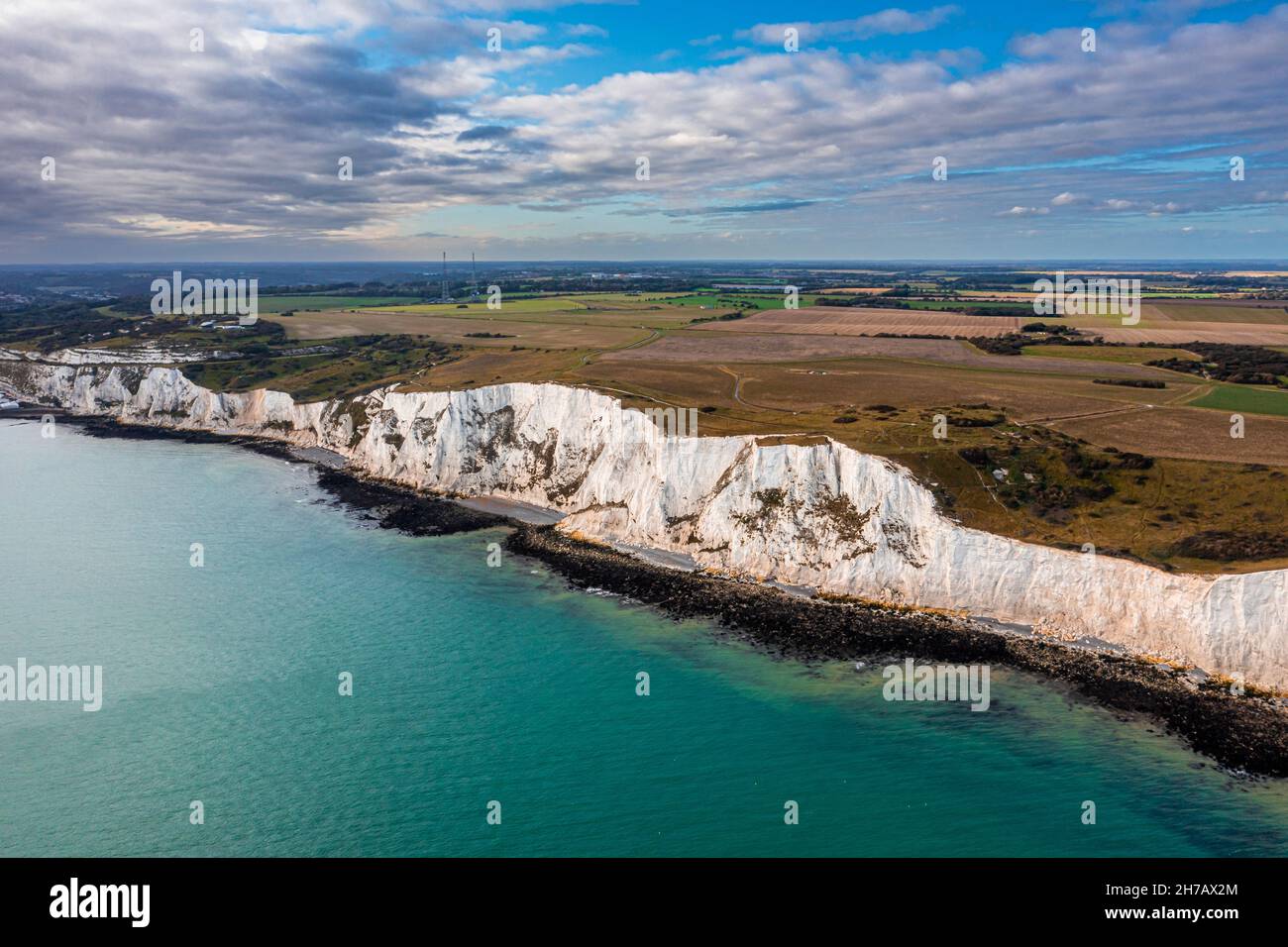 Aerial view of the White Cliffs of Dover. Close up view of the cliffs ...