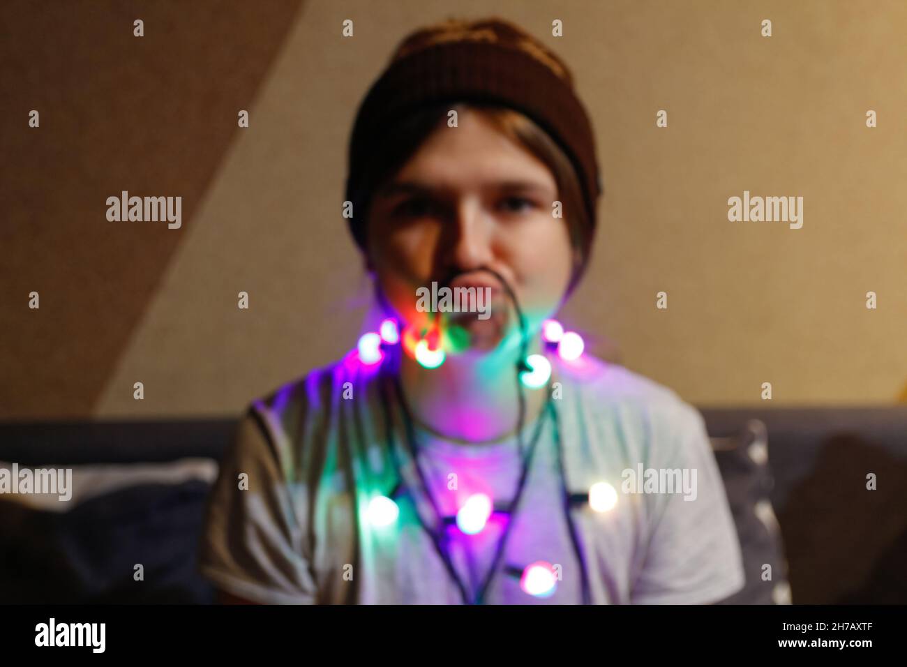 Defocus crazy happy young woman celebrating christmas. Young people ...