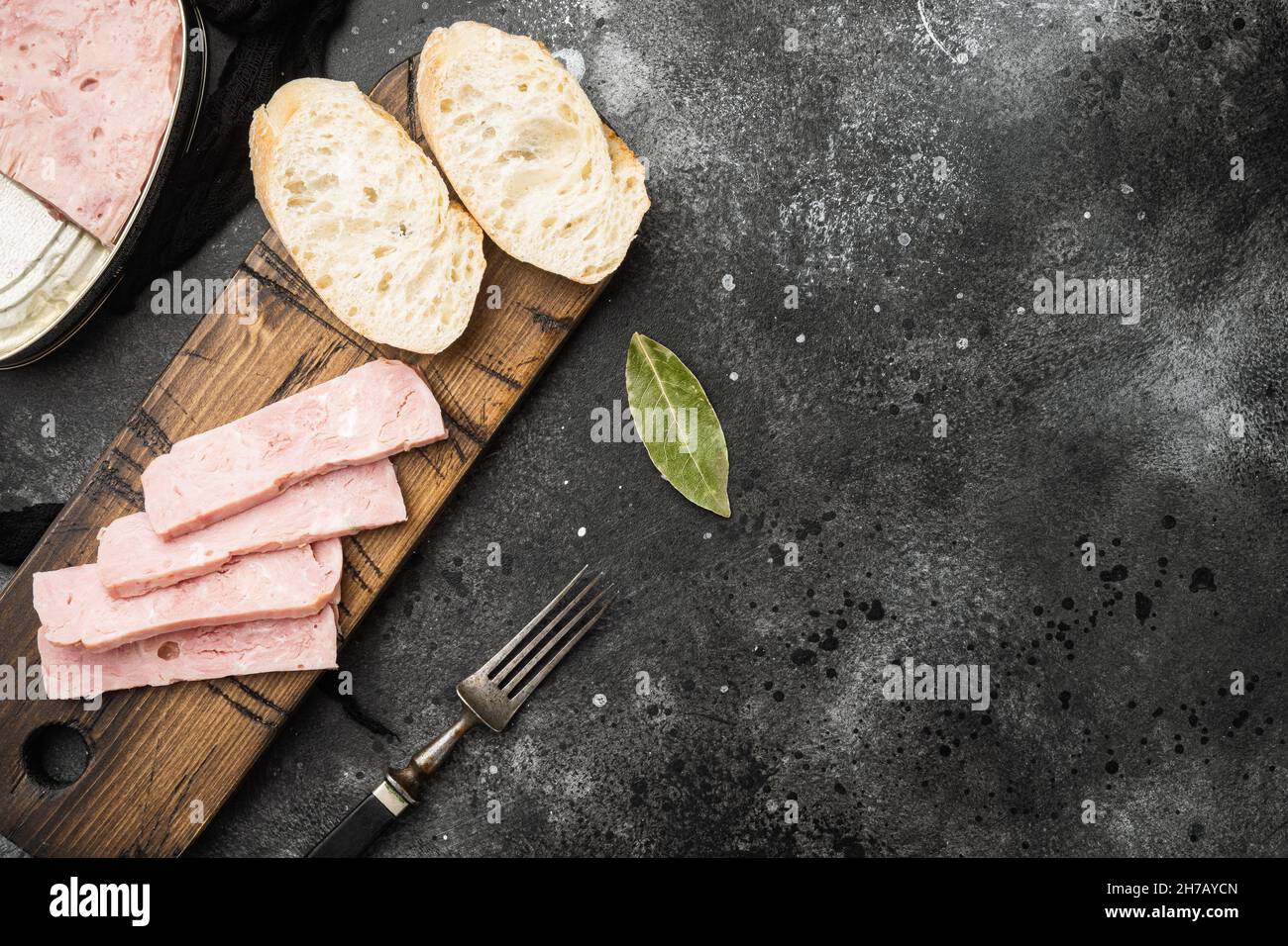 Spam sandwich set, on black dark stone table background, top view flat ...