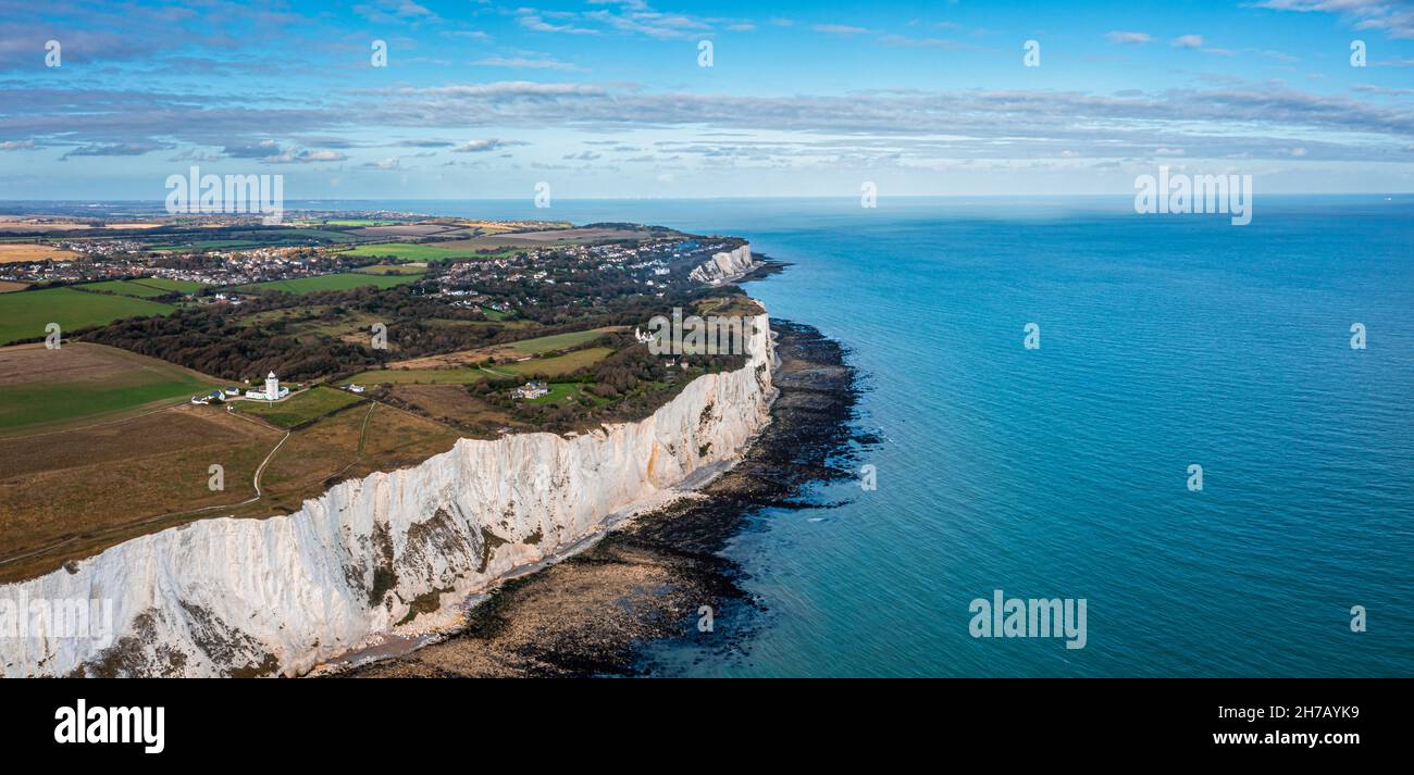 Aerial view of the White Cliffs of Dover. Close up view of the cliffs ...