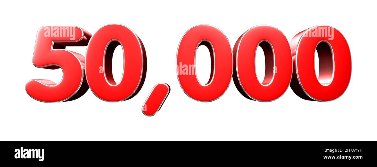 Rounded red numbers 50000 on white background 3D illustration with ...