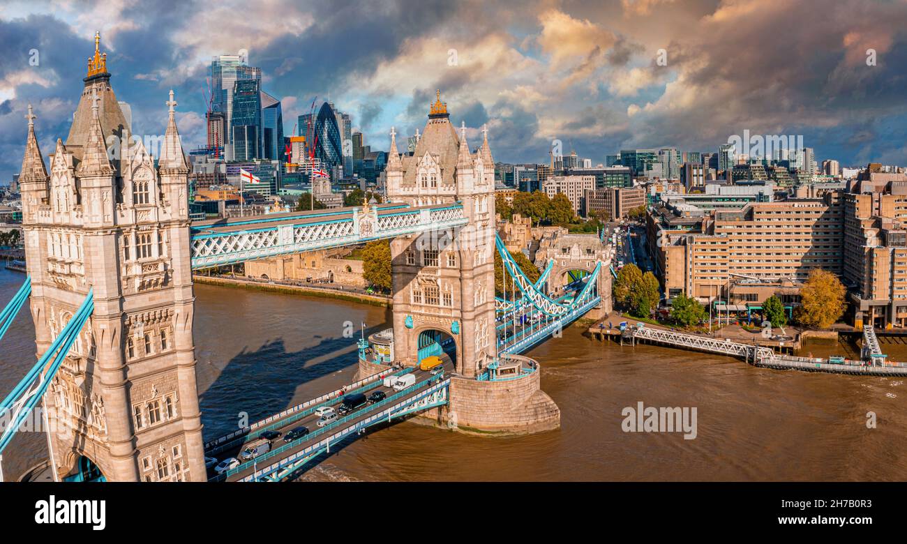 Aerial panoramic cityscape view of the London Tower Bridge Stock Photo ...