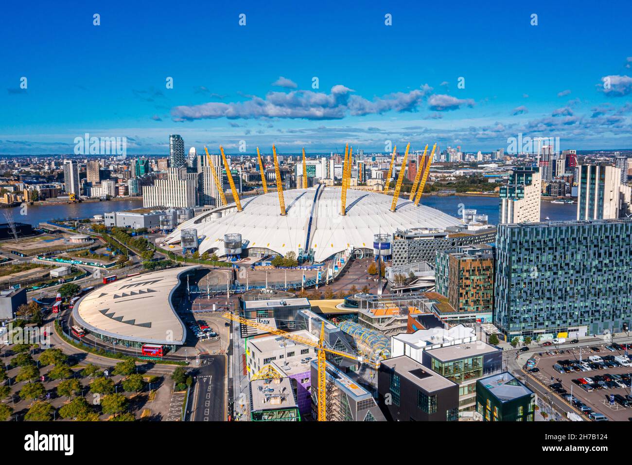 Aerial bird's eye view of the iconic O2 Arena near isle of Dogs Stock ...