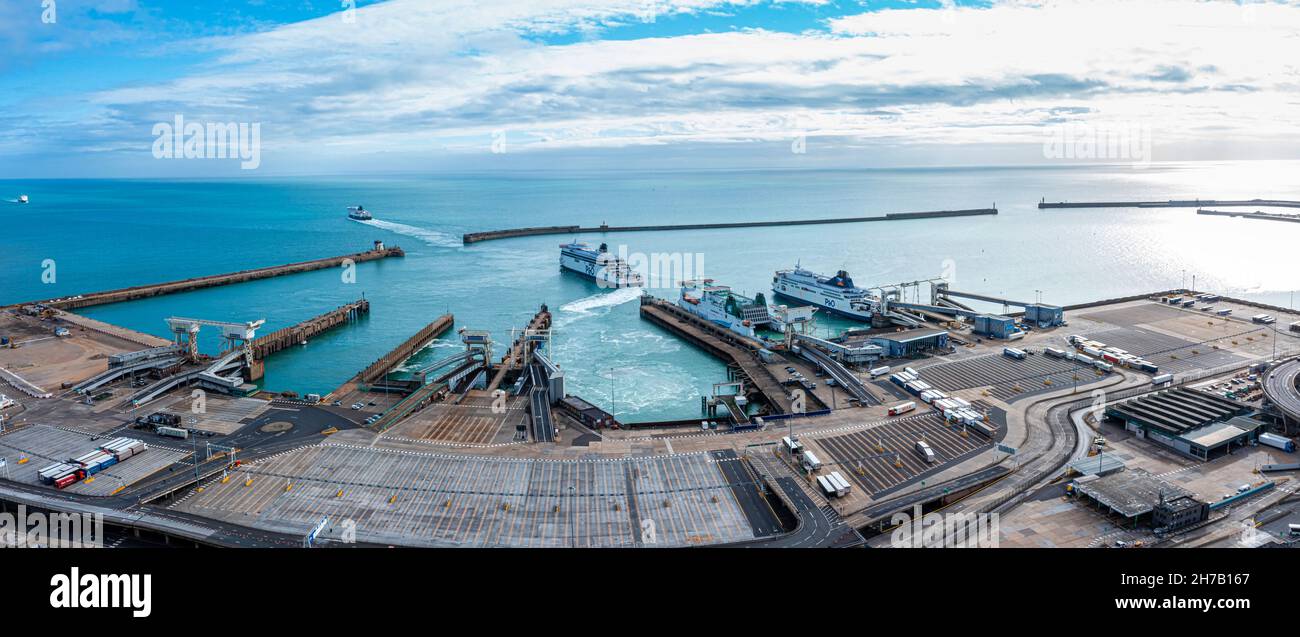 Aerial view of the Dover harbor with many ferries Stock Photo - Alamy