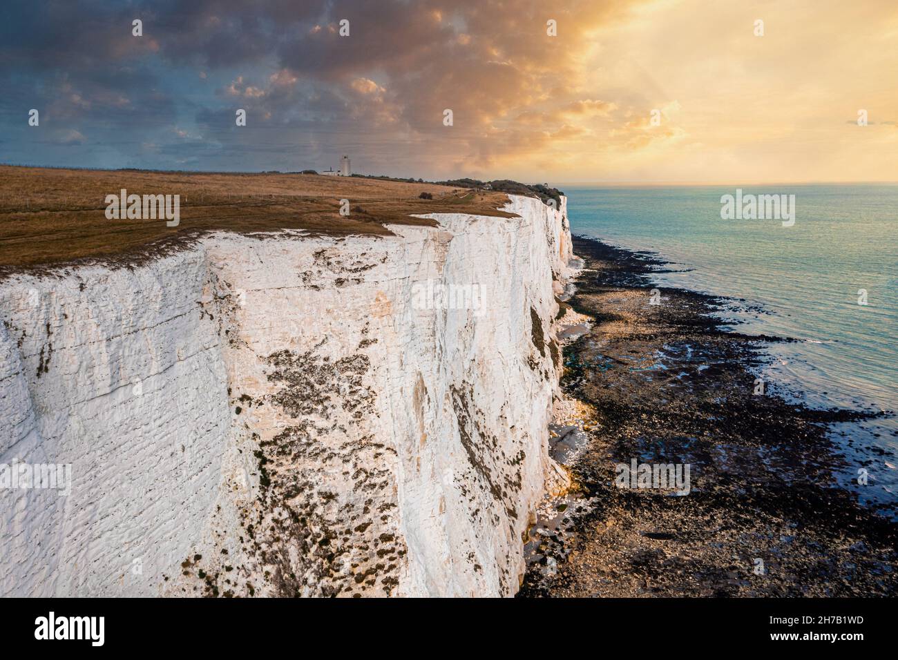 Aerial view of the White Cliffs of Dover. Close up view of the cliffs ...
