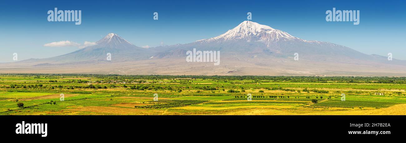 Panorama of Ararat mountain and farmland in the valley. Travel and ...