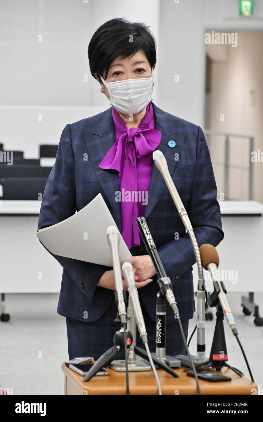 Tokyo Governor Yuriko Koike answers reporter's question after an online ...