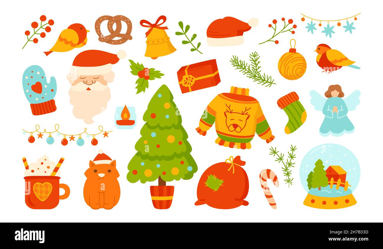 Christmas cartoon set. New year santa claus, garland, sweater cat, bell ...