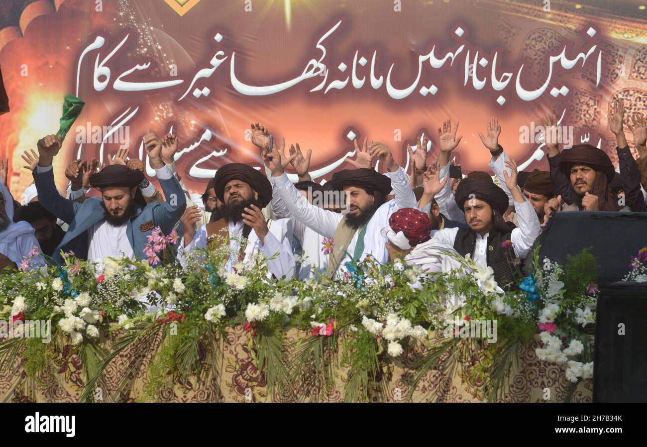 Lahore, Pakistan. 21st Nov, 2021. Hafiz Saad Rizvi leader of Tehreek-e ...