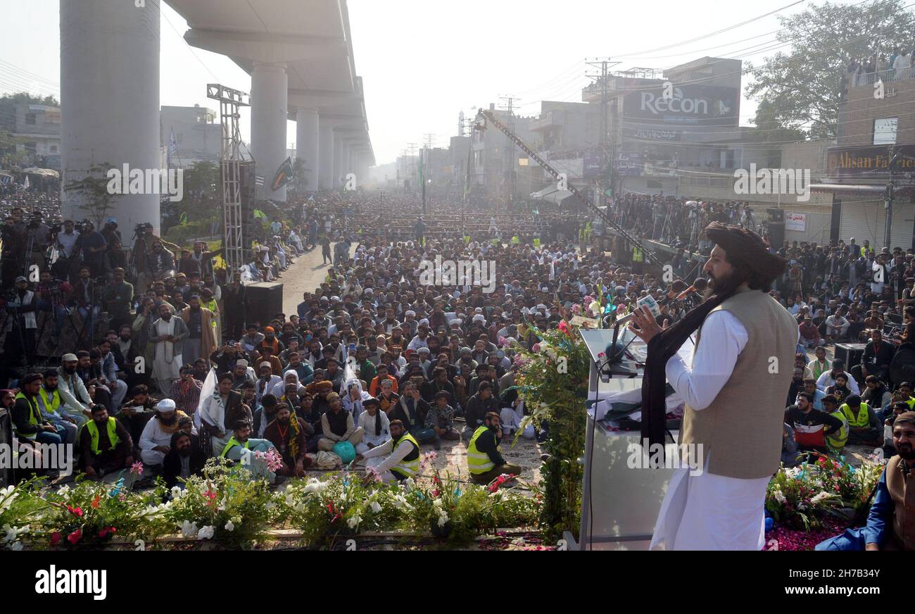Lahore, Pakistan. 21st Nov, 2021. Hafiz Saad Rizvi leader of Tehreek-e ...