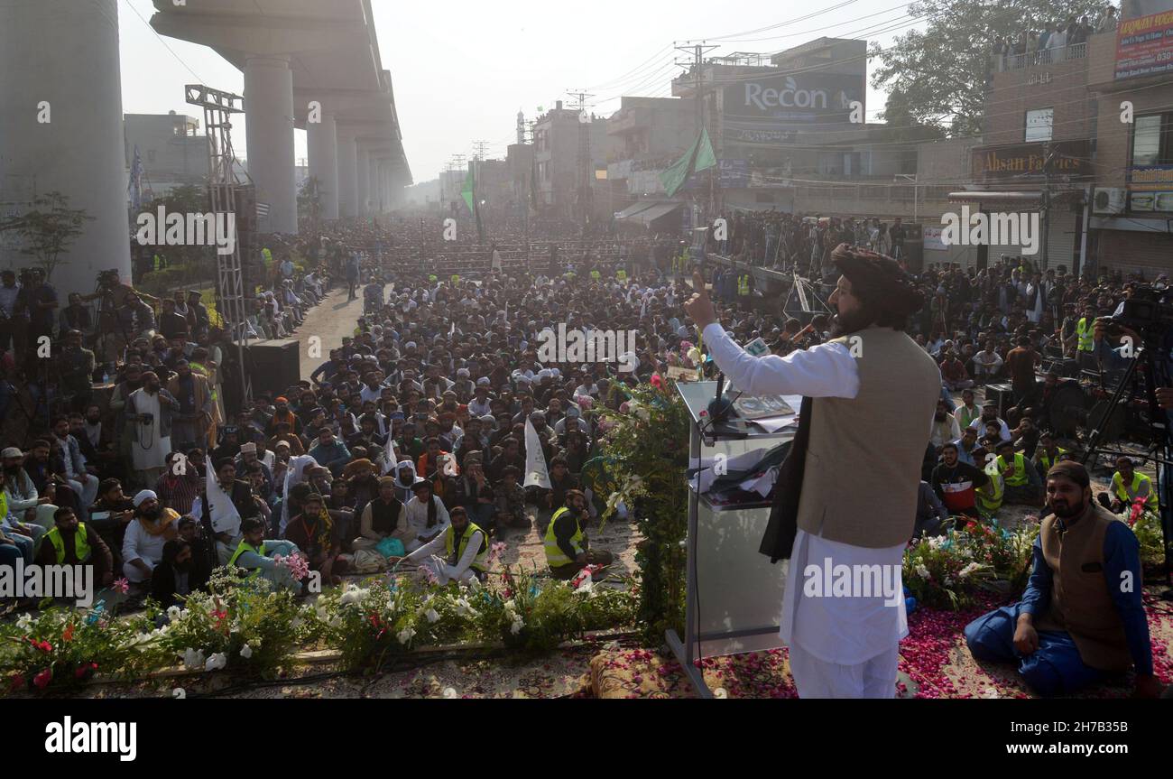 Lahore, Pakistan. 21st Nov, 2021. Hafiz Saad Rizvi leader of Tehreek-e ...