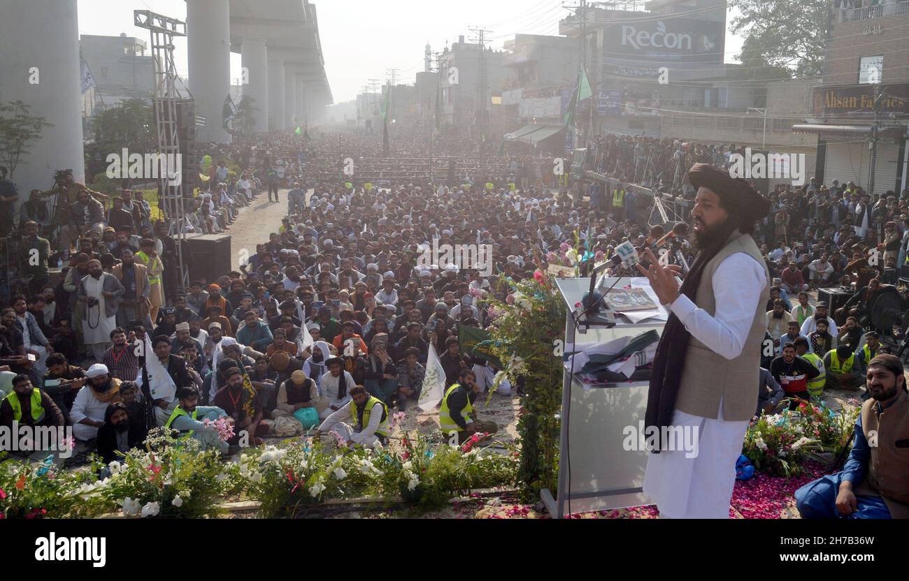 Lahore, Pakistan. 21st Nov, 2021. Hafiz Saad Rizvi leader of Tehreek-e ...