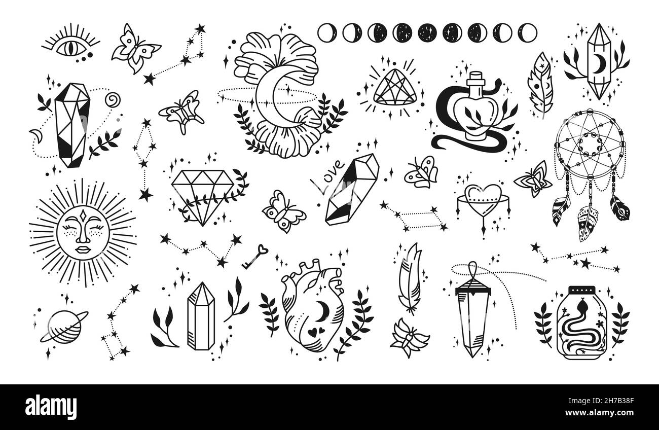 Mystic and astrology, witch magic symbols doodle set. Esoteric, boho hand drawn elements, magic ...