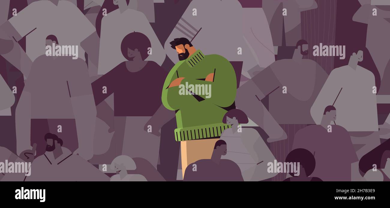 tired depressed man standing out from crowd guy feeling desperate ...