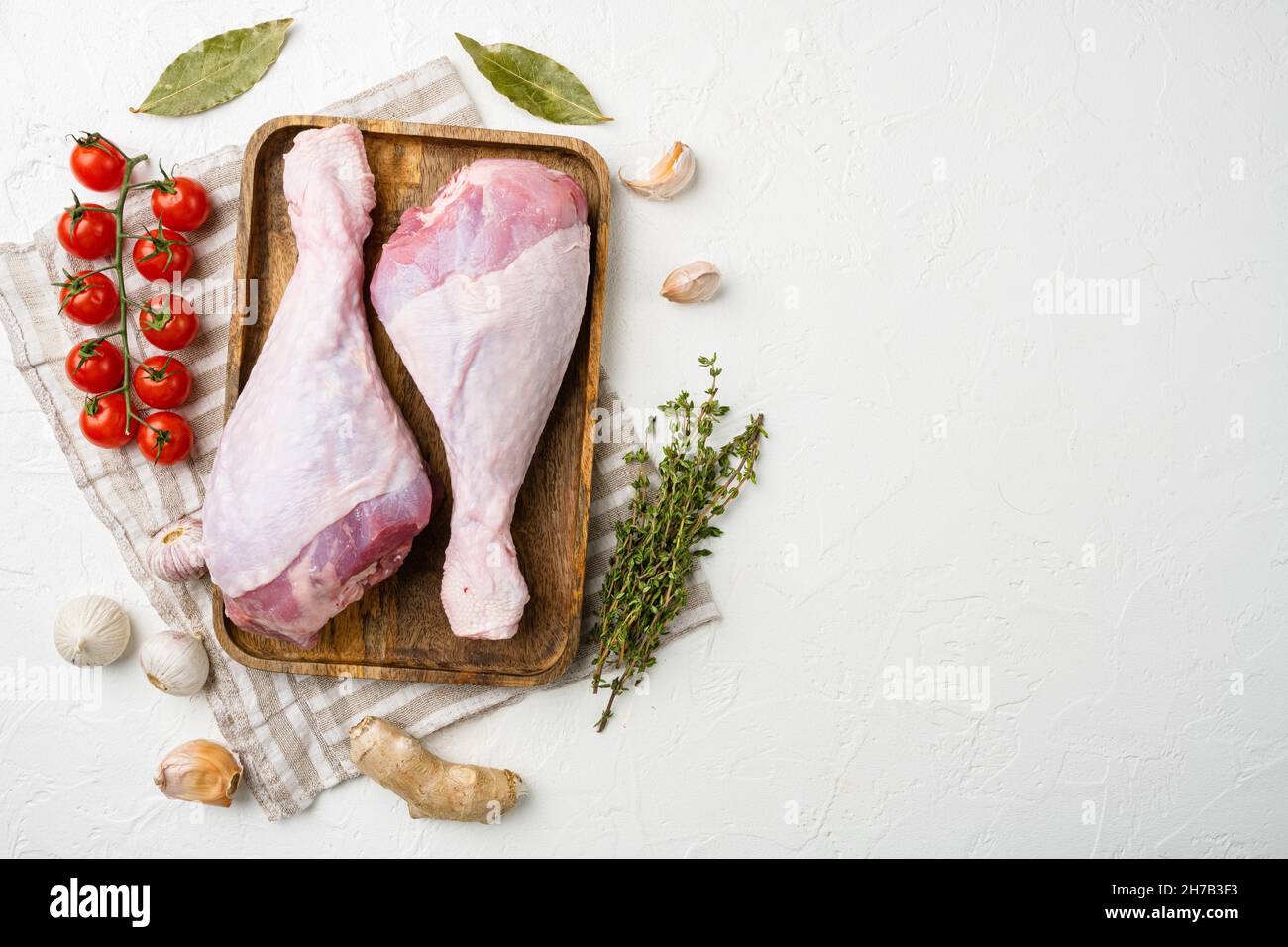 Raw turkey hen meat set, on white stone table background, top view flat ...