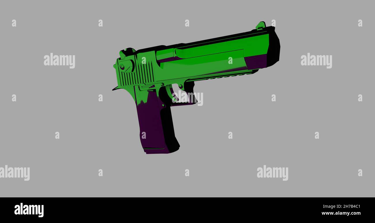One-handed pistol on a colorfully lit background and reflections of ...