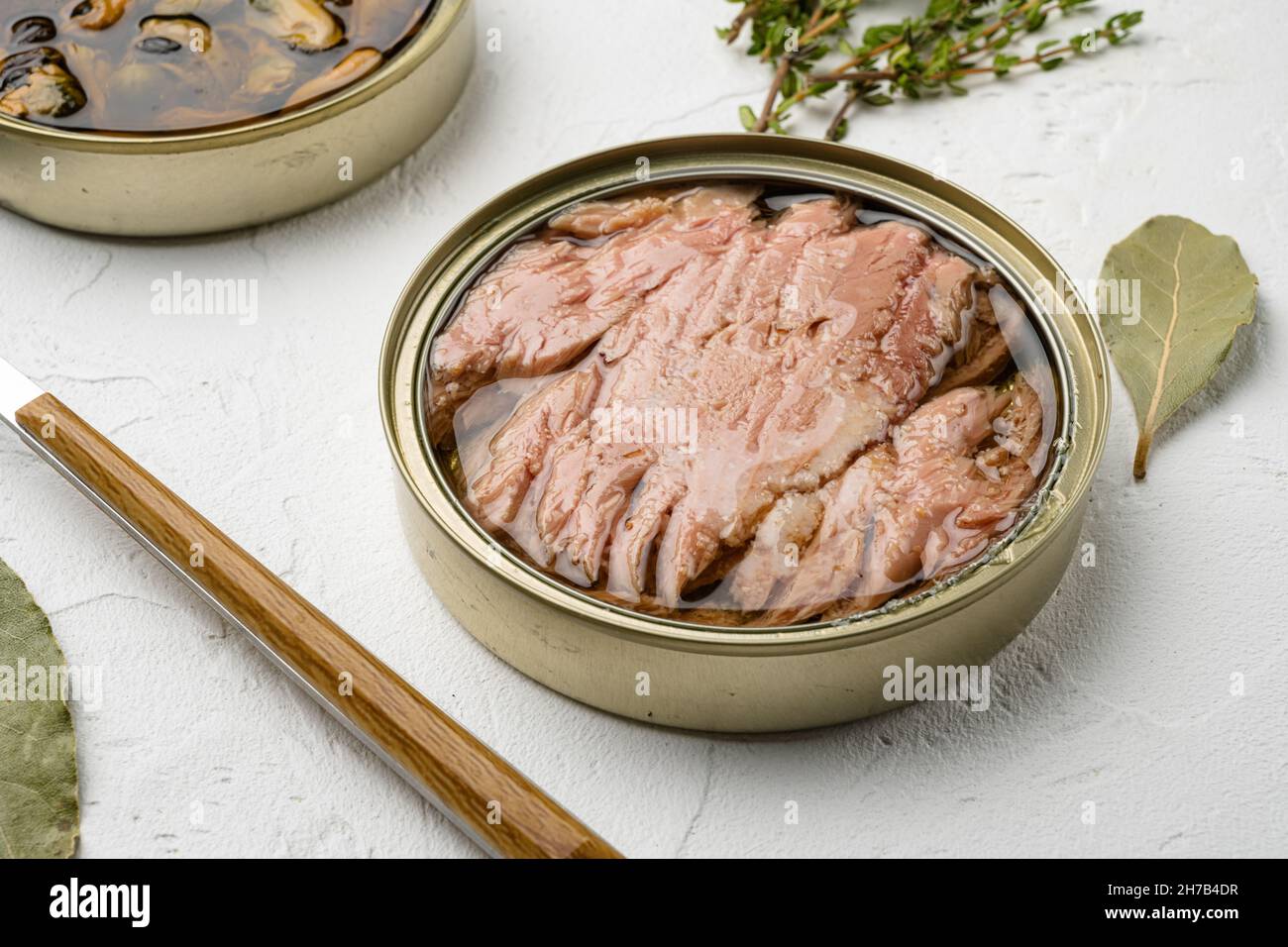 Tuna canned fish seafood set, on white stone table background Stock ...