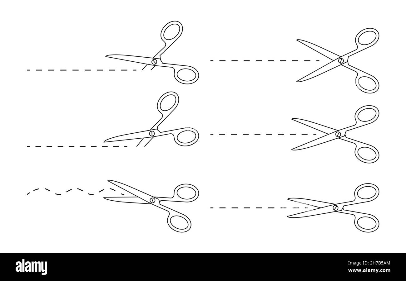 Black contour scissor with trim lines. Set of simple icon template of ...