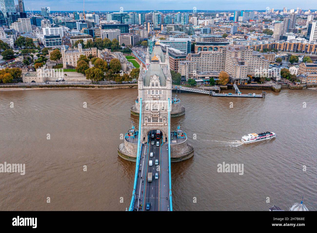 Aerial panoramic sunset view of London Tower Bridge and the River ...