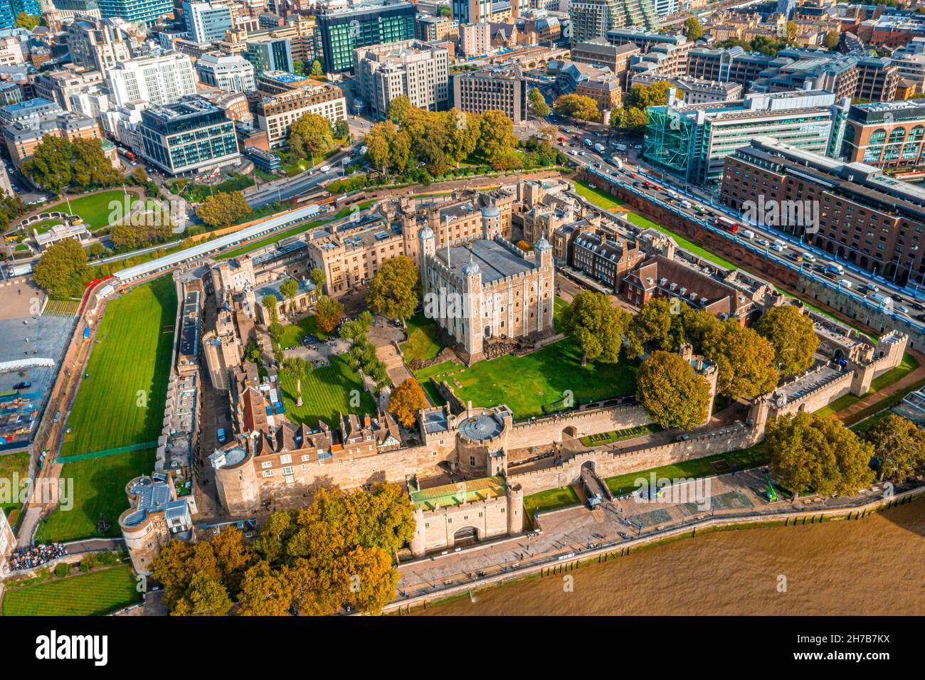 Aerial panoramic sunset view of London Castle by the River Thames ...