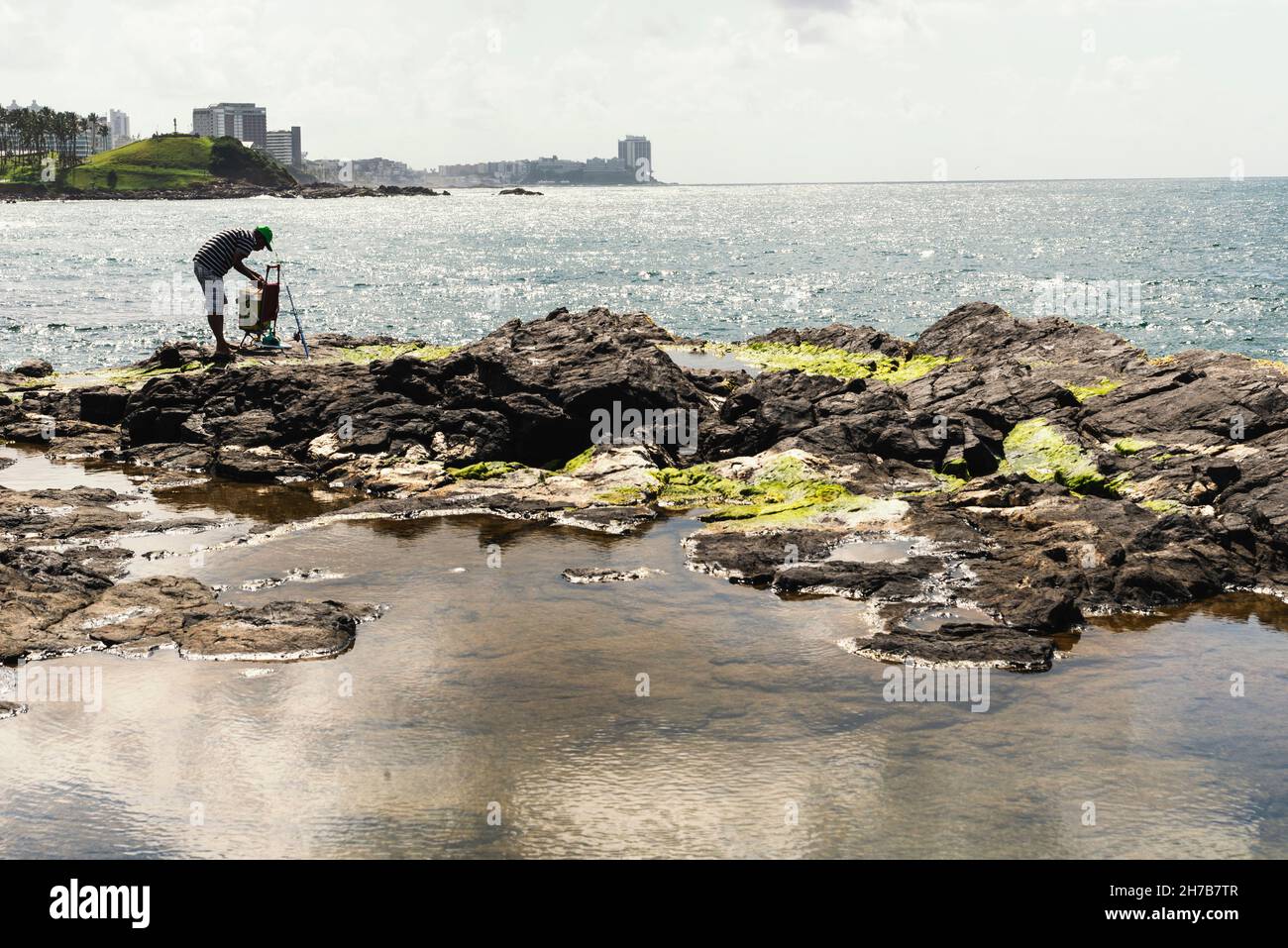 View of Farol da Barra beach in Salvador, Bahia, on a bright sunny day ...