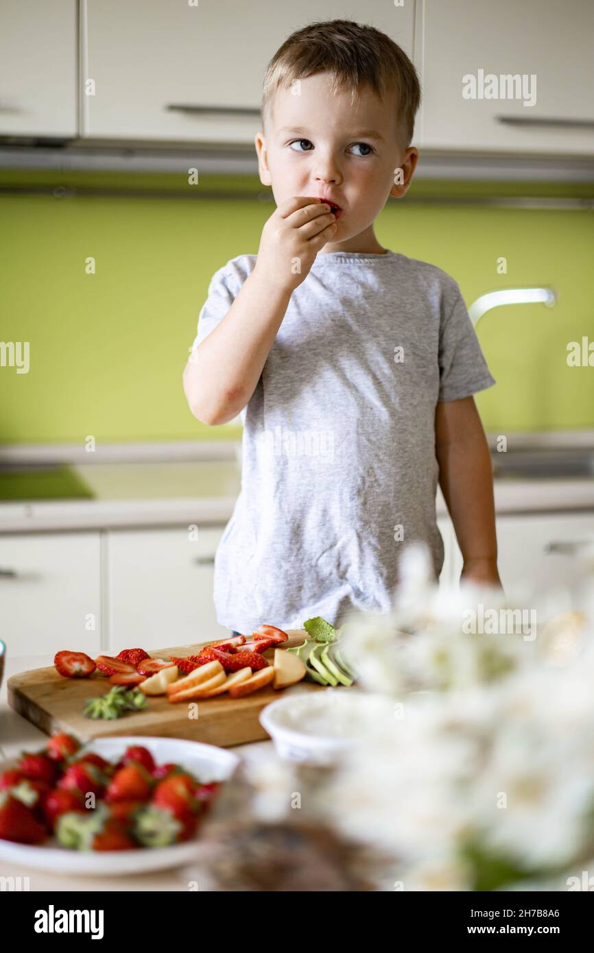 Cheerful boy cooking healthy breakfast at kitchen with avocado, cottage ...