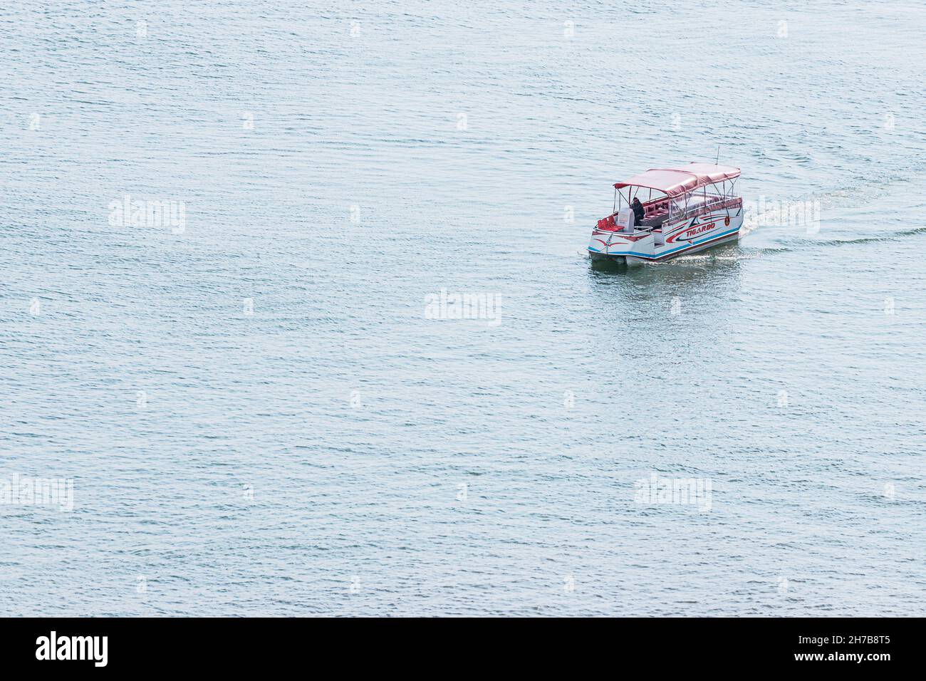 23 May 2021, Sevan, Armenia: pleasure boat without for tourists during bad weather on Lake Sevan ...