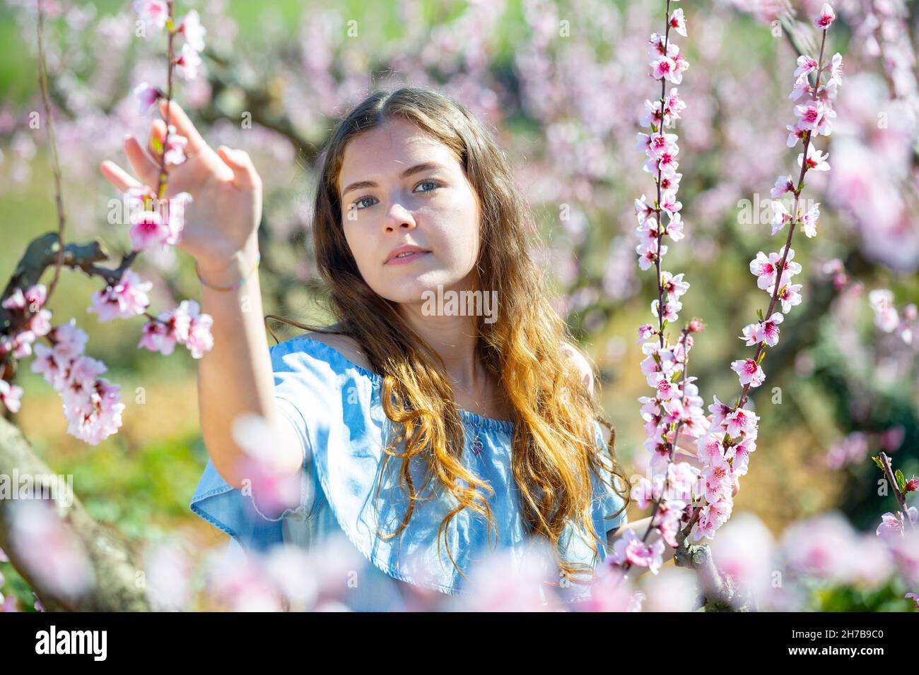 Young smiling lady posing in park with blooming trees Stock Photo - Alamy